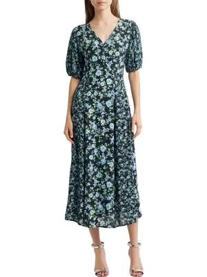 LIPSY Floral Print Puff Sleeve Midi Dress - Blue