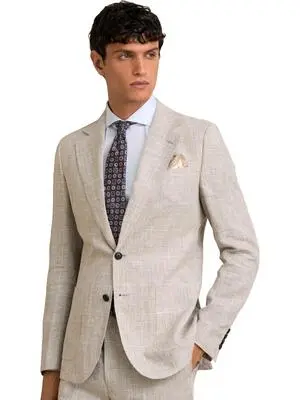 REISS Ashton Slim Fit Linen Single Breasted Check Suit Blazer - Oatmeal