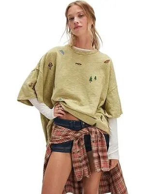 Free People We The Free Embroidered Camp T-shirt - Moss Combo