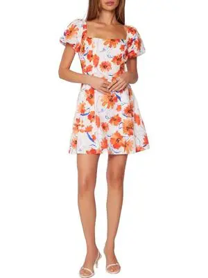 LOST + WANDER Poppy Blooms Cotton Mini Dress - White Orange Floral