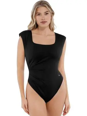 POPILUSH Popilush Square Neck Padded Shoulder Thong Bodysuit Midnight Black
