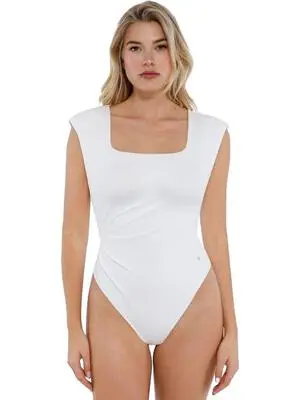 POPILUSH Popilush Square Neck Padded Shoulder Thong Bodysuit Pearl White