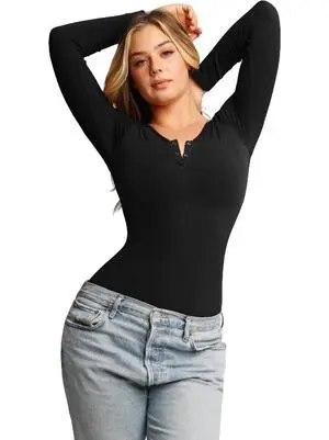 POPILUSH Shapewear Seamless Modal Henley Bodysuit - Jet Black