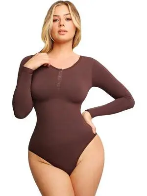POPILUSH Shapewear Seamless Modal Henley Bodysuit - Mahogany