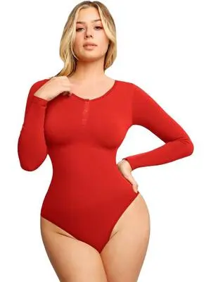 POPILUSH Shapewear Seamless Modal Henley Bodysuit - Scarlet
