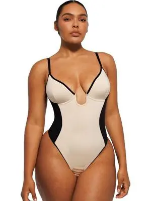 SHAPELLX AirSlim Deep Plunge Thong Shaping Bodysuit Ivory