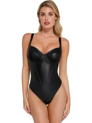 POPILUSH Shapewear Faux Leather Hourglass Corset Bodysuit - Standard Black