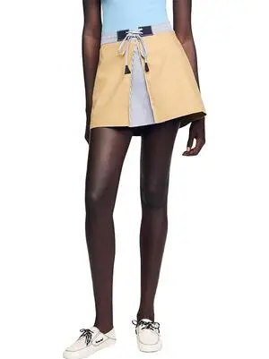 Sandro Short Dual Material Skirt - Beige