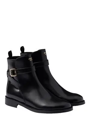 Prada Brushed Leather Ankle Boots With Strap - Black