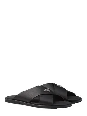 Prada Saffiano Leather Crisscross Slides - Black