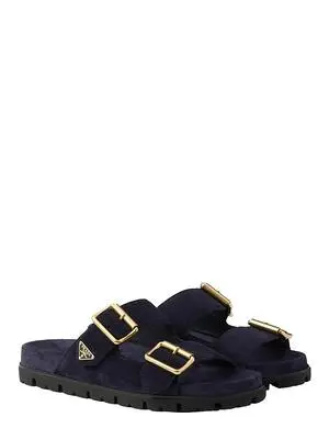 Prada Suede Slides With Polished Buckle Blue