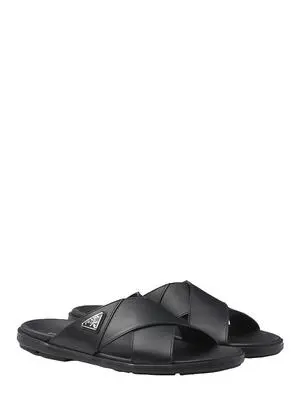 Prada Leather Crisscross Slides - Black