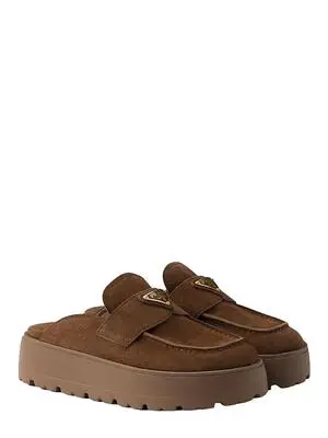 Prada Suede Flatform Mules - Brown