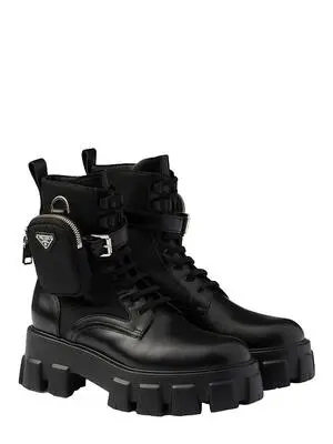 Prada Monolith Leather And Re-nylon Boots With Pouch - Black