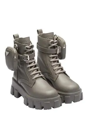 Prada Monolith Leather And Re-Nylon Prada Boots With Pouch Grey