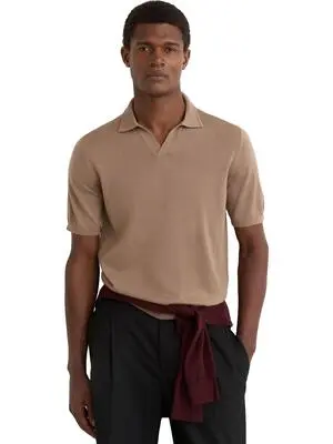 REISS Duchie Merino Wool Open-collar Polo Shirt Camel Brown