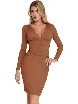 POPILUSH Shapewear Long Sleeve V-neck Ruched Bodycon Midi Dress - Caramel Brown