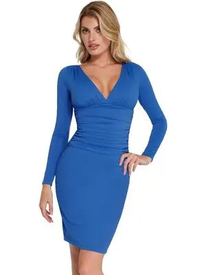 POPILUSH Shapewear Long Sleeve V-neck Ruched Bodycon Midi Dress - Midnight Blue