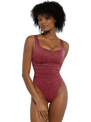 POPILUSH Shapewear Ruched Metallic Knit Bodysuit - Ruby