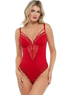 POPILUSH Shapewear Strappy Bodysuit With Lace Inset - Chili Red