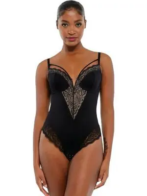 POPILUSH Shapewear Strappy Bodysuit With Lace Inset - Midnight Black