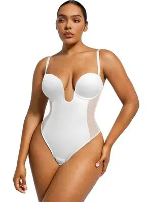 SHAPELLX Airslim Deep Plunge Low-back Thong Bodysuit - White