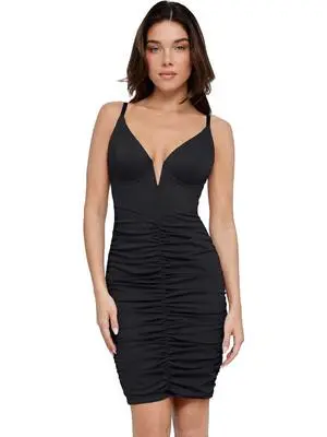 POPILUSH Shapewear Plunging V Ruched Bodycon Mini Dress - Midnight Black