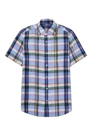 Robert Talbott Morgan Plaid Linen Short Sleeve Shirt Blue Multi