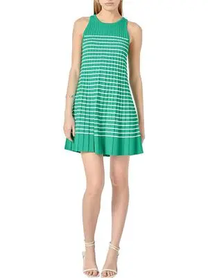 English Factory Pleated Stripe Knit Mini Dress - Green/ White