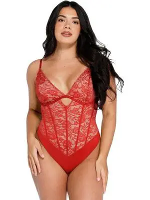 POPILUSH Shapewear Cutout Corset Lace Bodysuit - Bright Red