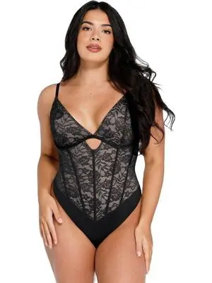 POPILUSH Shapewear Cutout Corset Lace Bodysuit - Charcoal Black