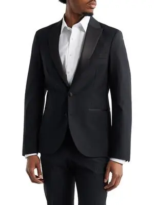 OPEN EDIT Black Peaked Lapel Stretch Wool Blend Tuxedo Jacket