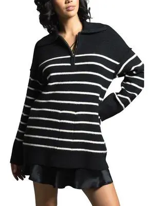 WEEKEND LOS ANGELES Coralie Stripe Quarter Zip Sweater - Black Ivory Stripe