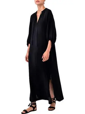 OCEAN+MAIN Avery Long Tie Neck Gauze Caftan Dress - Black