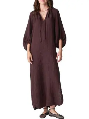 OCEAN+MAIN Avery Long Tie Neck Gauze Caftan Dress - Chocolate