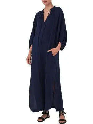 OCEAN+MAIN Avery Long Tie Neck Gauze Caftan Dress - Navy