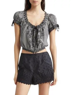 DÔEN DÔEN Nera Eyelet Ruffle Organic Cotton Crop Top Noir La Maddalena Gingham
