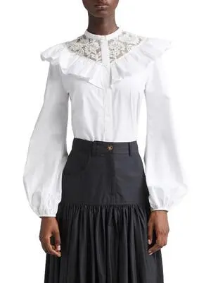 Giambattista Valli Ruffle Lace Yoke Cotton Poplin Top - Optical White