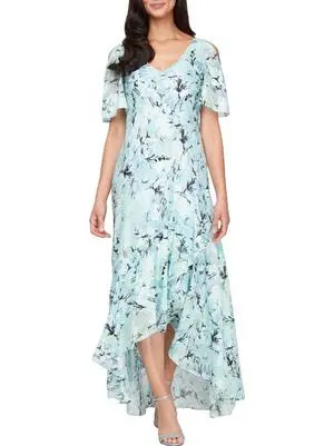 Alex Evenings Floral Chiffon High-low Gown - Mint Multi