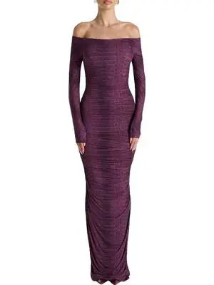 Naked Wardrobe Ruched Off-the-shoulder Maxi Dress - Dark Plum Crocodile