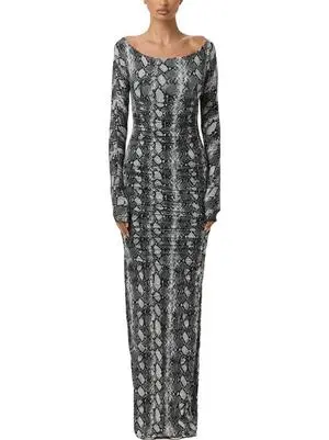 Naked Wardrobe Ruched Off-the-shoulder Maxi Dress - Grey Snakeskin