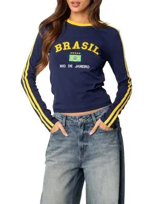 EDIKTED Brasil Long Sleeve T-shirt - Navy