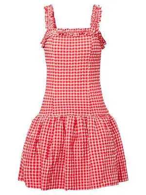 GANNI Seersucker Ruffled Minidress - Red
