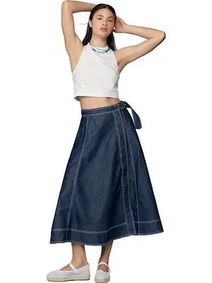 PILCRO Side-slit Denim A-line Midi Skirt - Dark Denim