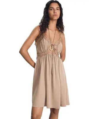 REISS Estella Atelier Silk Babydoll Dress - Taupe