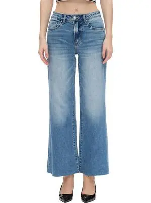 BAYEAS Raw Hem Wide Leg Jeans - Medium Blue