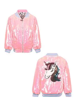 LOLA + THE BOYS Sequin Bomber Jacket With Unicorn Patch - Pink