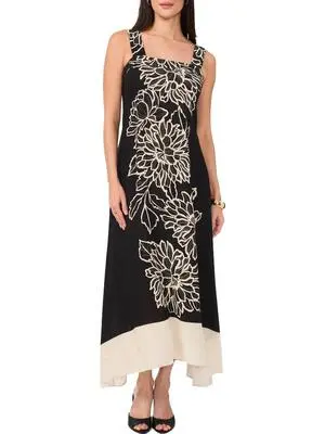 Vince Camuto Floral Print Midi Dress - Rich Black
