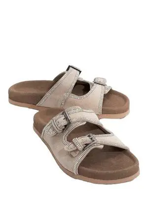 FOREVER & ALWAYS SHOES Allen Rhinestone Leather Slide Sandal - Beige Leather