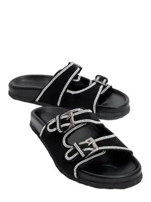 FOREVER & ALWAYS SHOES Allen Rhinestone Leather Slide Sandal - Black Leather